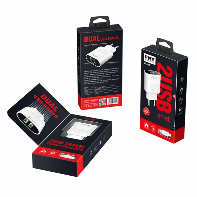 Cargador EMY doble puerto, con cable tipo micro USB V8, carga rápida (MY-A202) – SIPO