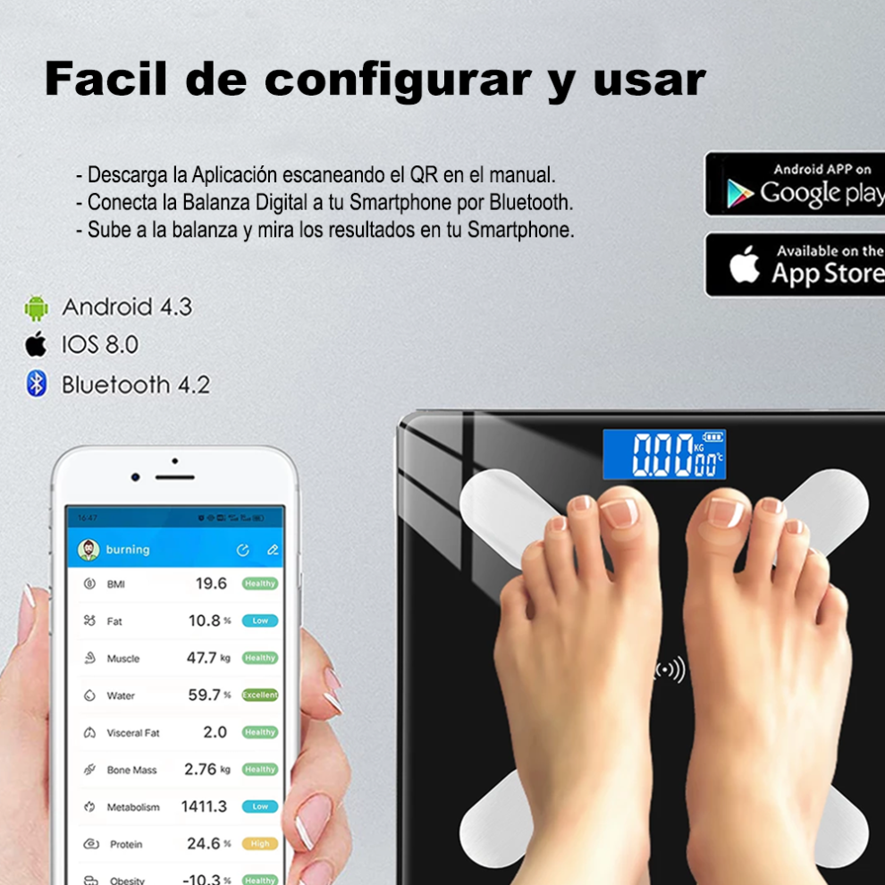Balanza Digital Bluetooth Inteligente, mide IMC, App Smart - SIPO